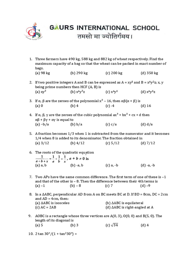 Revision Worksheet -1 class X Maths | PDF | Polynomial | Mathematics
