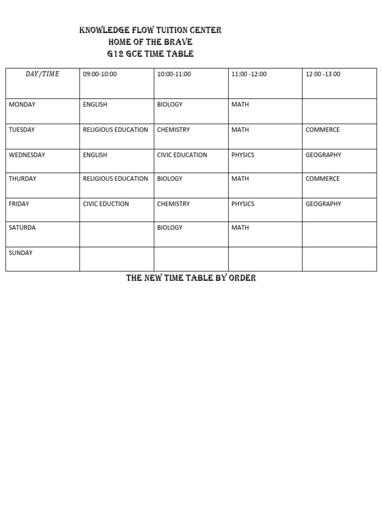 Gce g12 Time Table | PDF