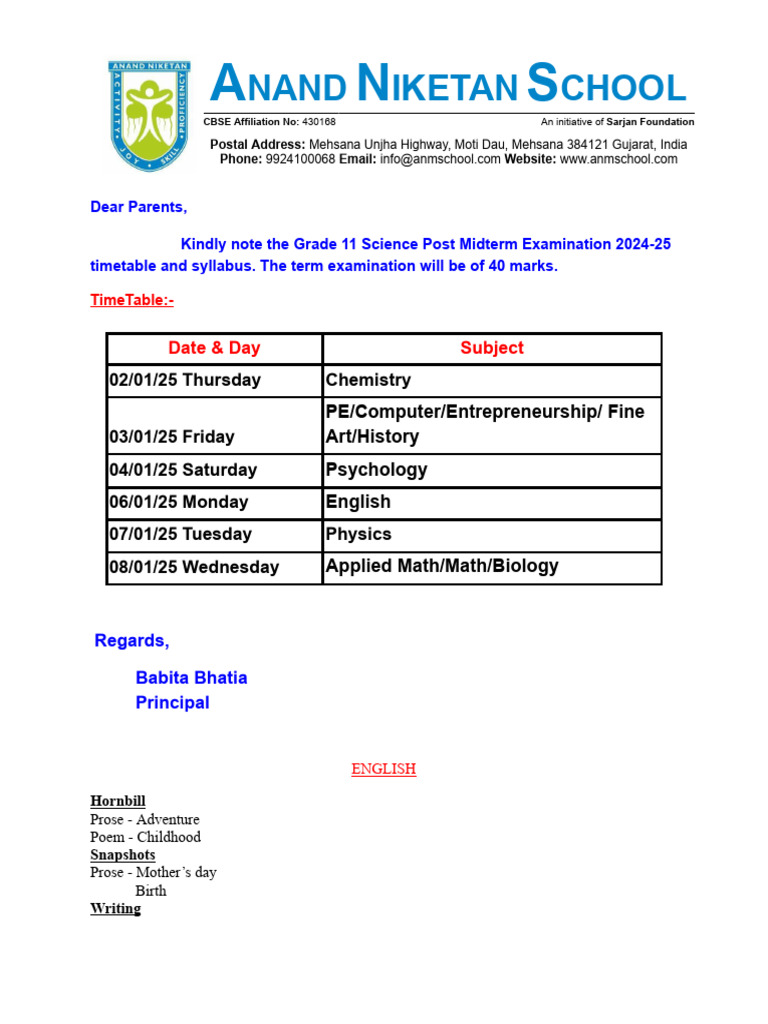 Grade 11 Science Exam Timetable 2024-25 | PDF | Mathematics | Chemistry