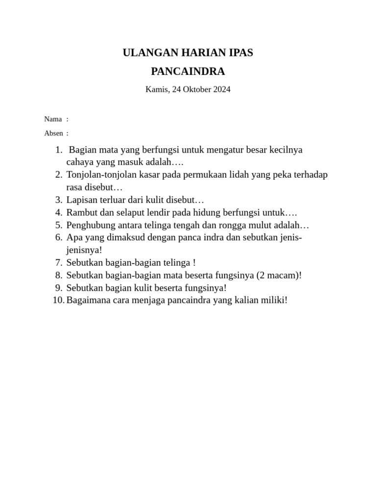 Ulangan Harian Ipas Panca Indra | PDF