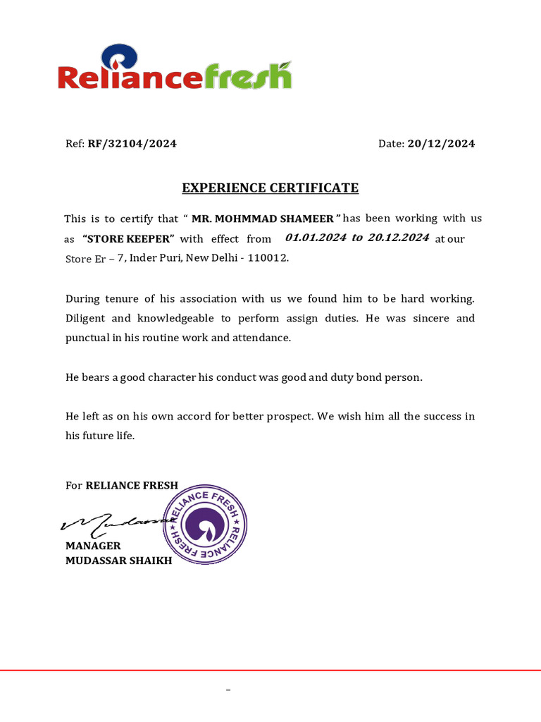 RELIANCE FRESH Experience Letter | PDF