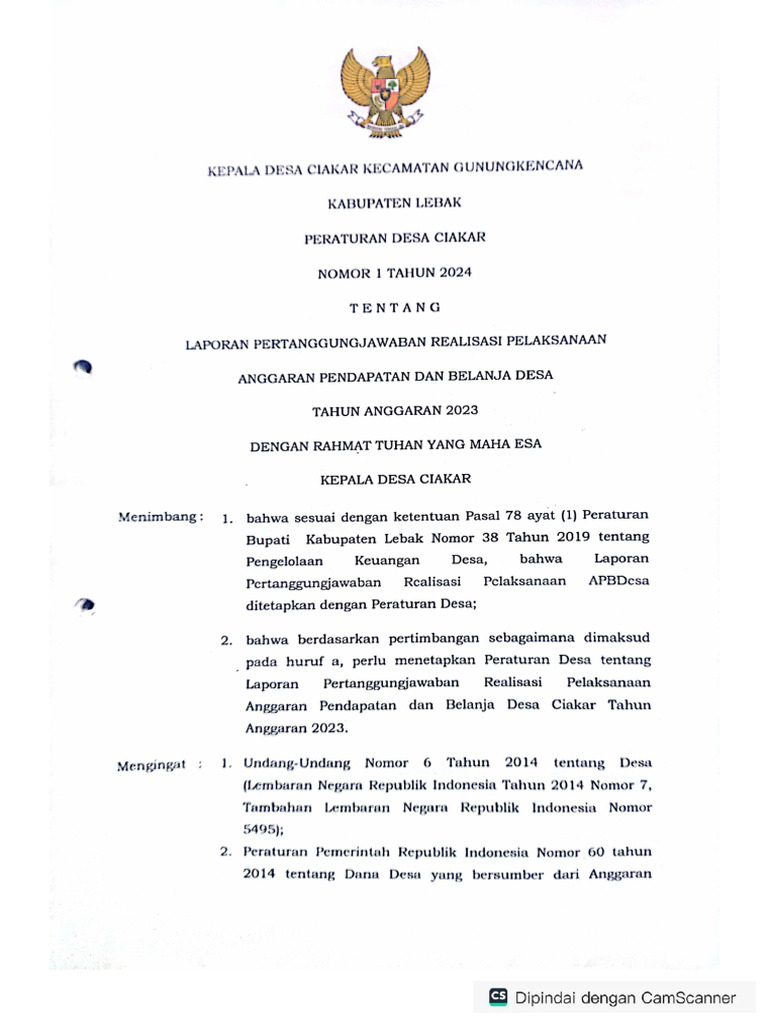 Perdes LPJ Desa Ciakar Tahun 2023 | PDF