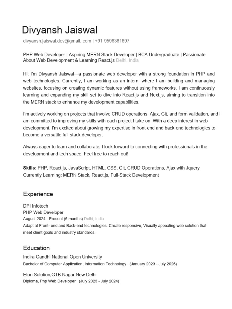 PHP Web Developer Profile - Divyansh Jaiswal | PDF