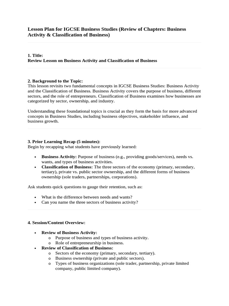 Business Activity & Classification of Business Lesson Plan For IGCSE ...