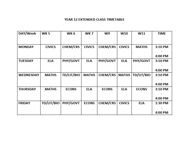 Year 12 Extended Class Timetable | PDF