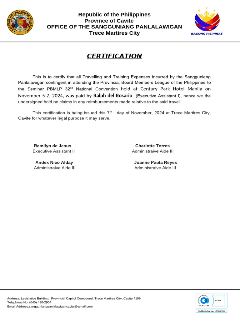 Certification For All The Expenses | PDF