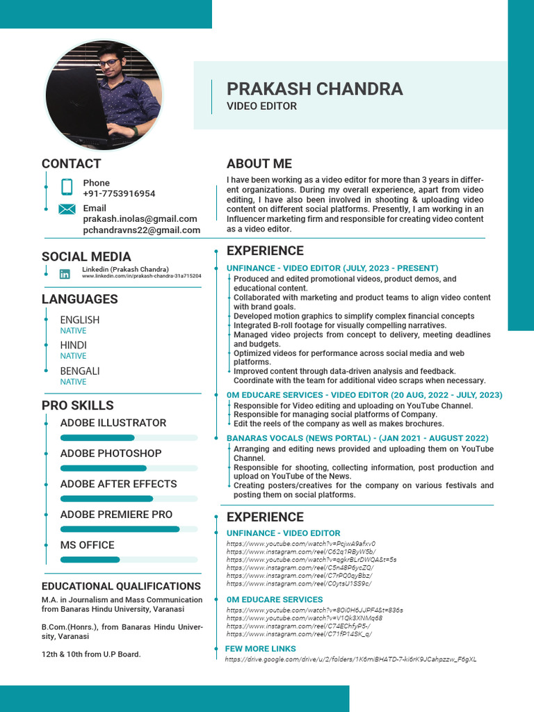 Prakash Chandra Resume 2024 Compressed | PDF | Editing | You Tube