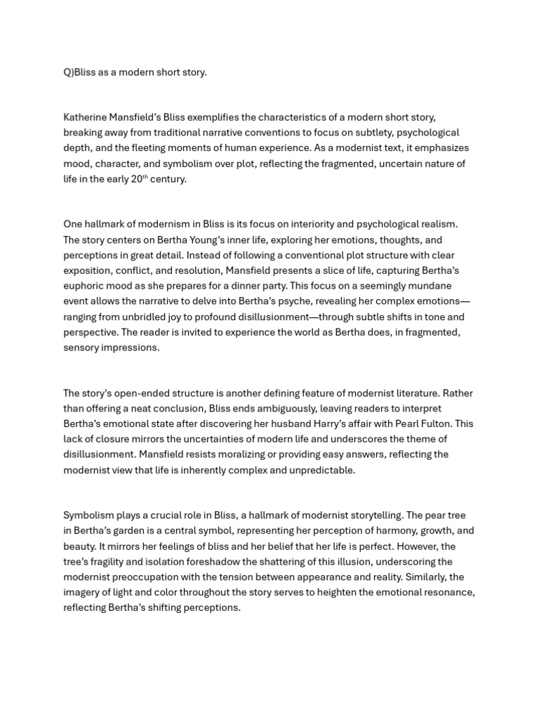 Bliss As Modern Short Story | PDF | Modernism | Narrative