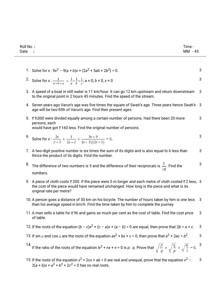 WS Quadratic Equations 2 | PDF | Mathematical Concepts | Equations