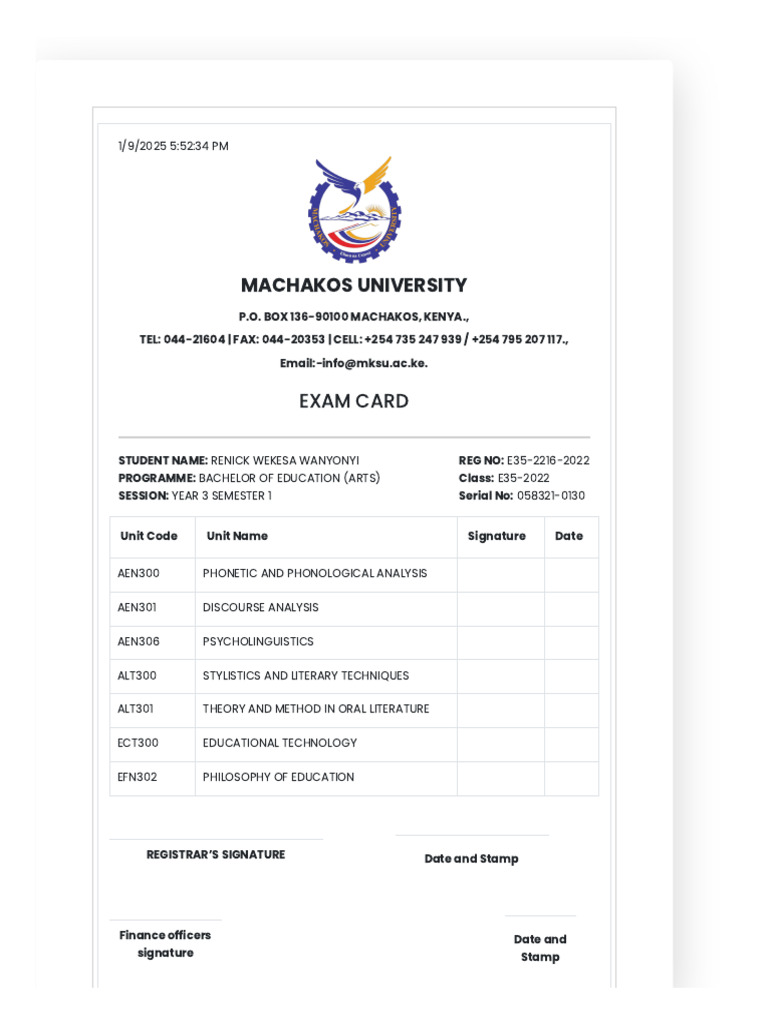 Machakos University Exam Card. | PDF
