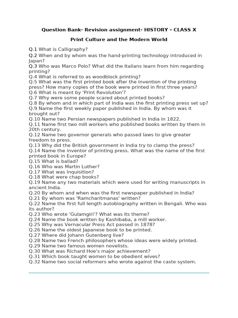 Revision Assignment Print Culture Class X | PDF