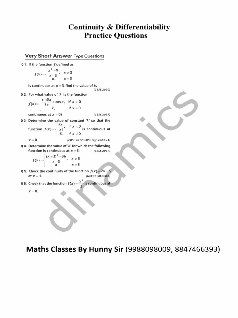 Continuity & Differentiability PQwSh | PDF