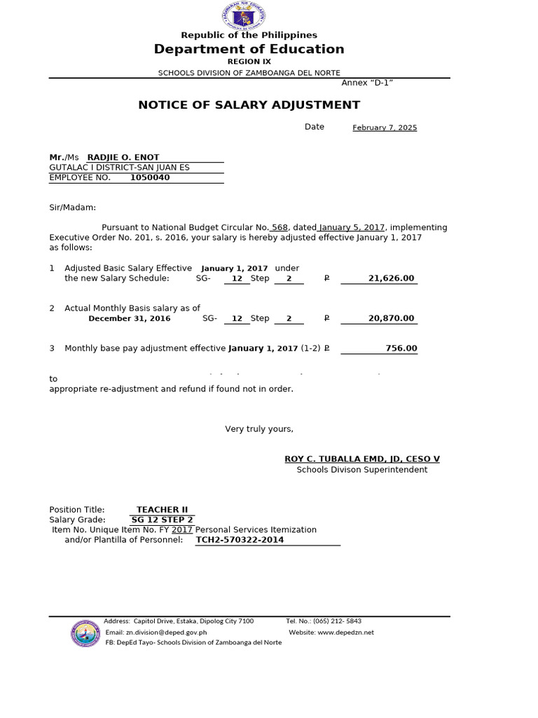 Salary Adjustment Notice for Teachers | PDF | Public Administration ...