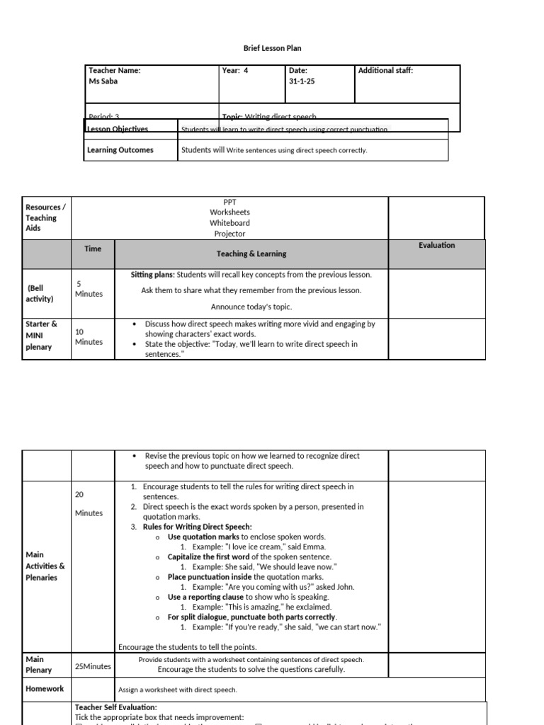 Lesson plan 5+6- Writing direct speech | PDF | Lesson Plan | Behavior ...