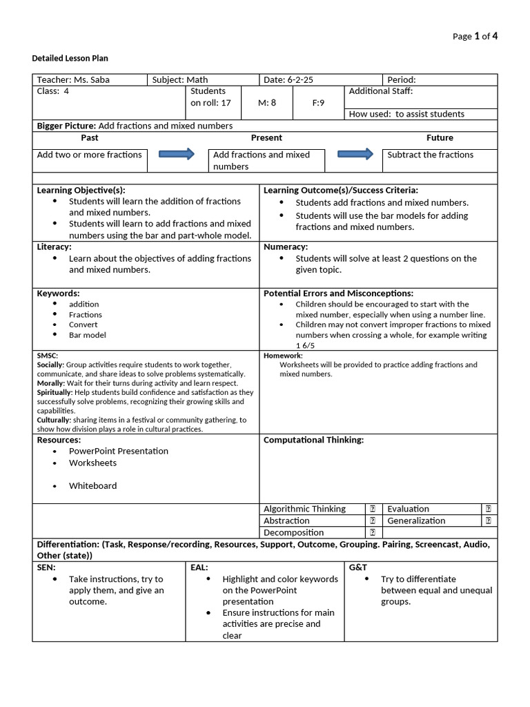 Lesson Plan 12-Add Fractions and Mixed Numbers | PDF | Lesson Plan ...