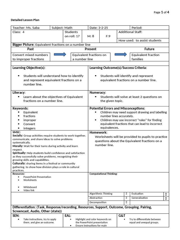 Lesson Plan: Equivalent Fractions on a Number Line | PDF | Lesson Plan ...