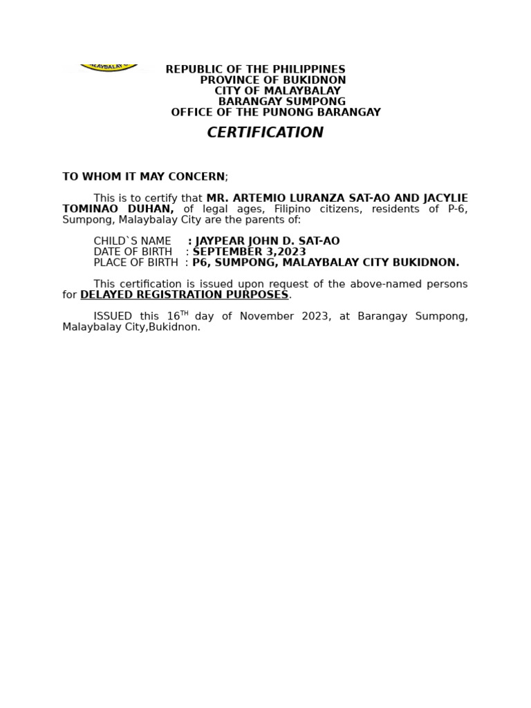 Certificate For Delayed Registration | PDF