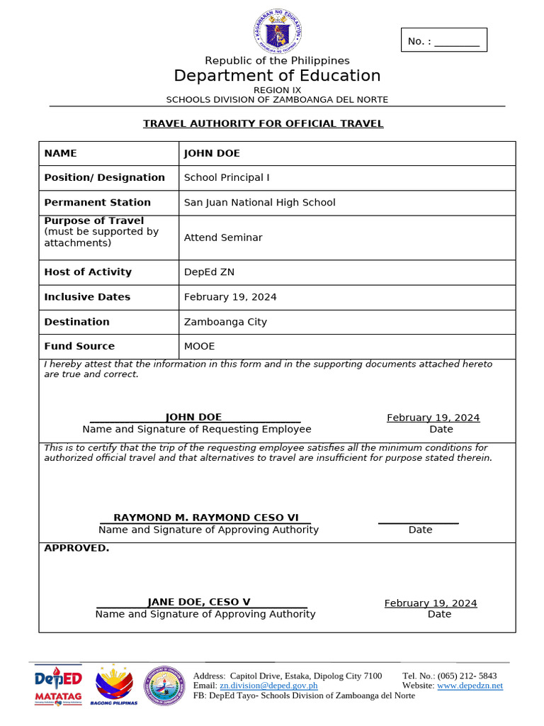 Authority To Travel Template | PDF