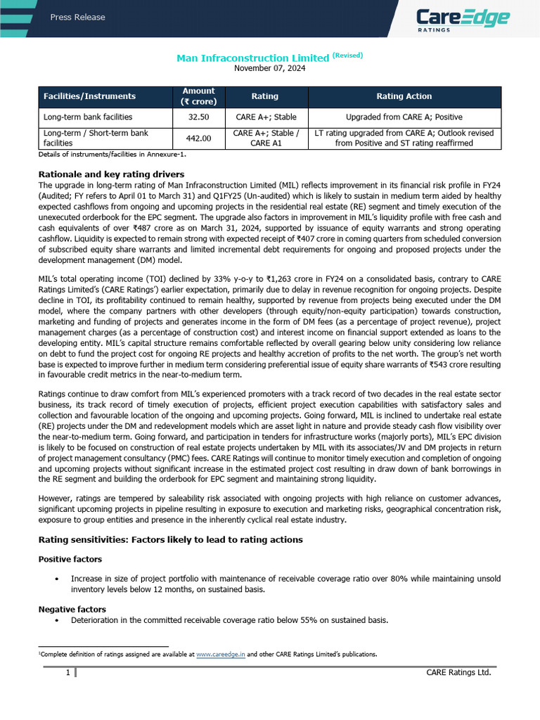 Man Infraconstruction Rating Upgrade Summary | PDF | Leverage (Finance ...