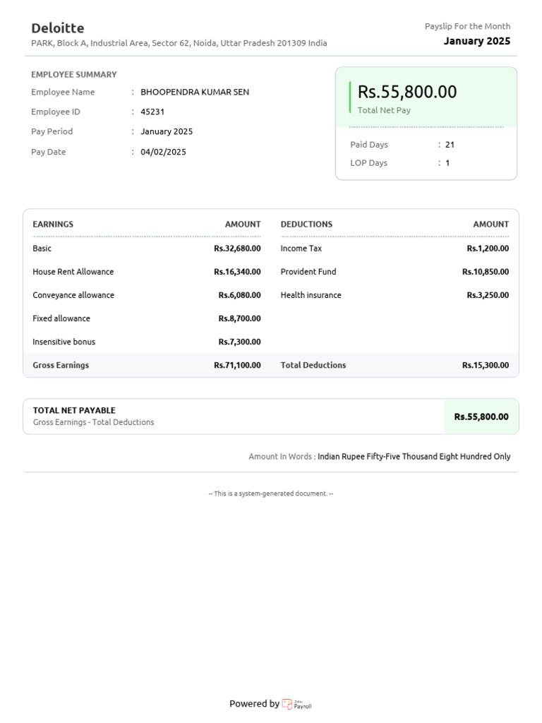 January 2025 Payslip for Bhupendra Sen | PDF
