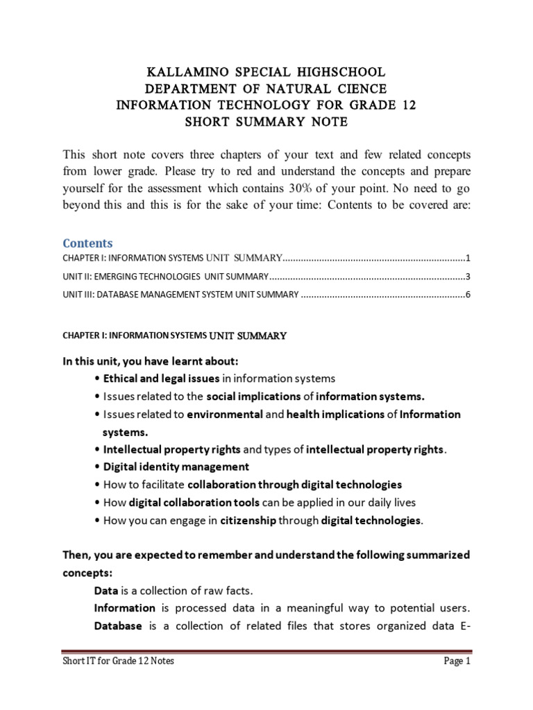 IT - Short - Note - For - Grade - 12 | PDF | Relational Database ...