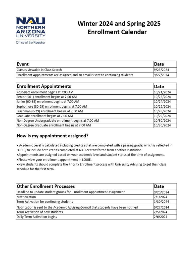 Winter 24 Spring 25 Enrollment Calendar | PDF | Educational Stages ...