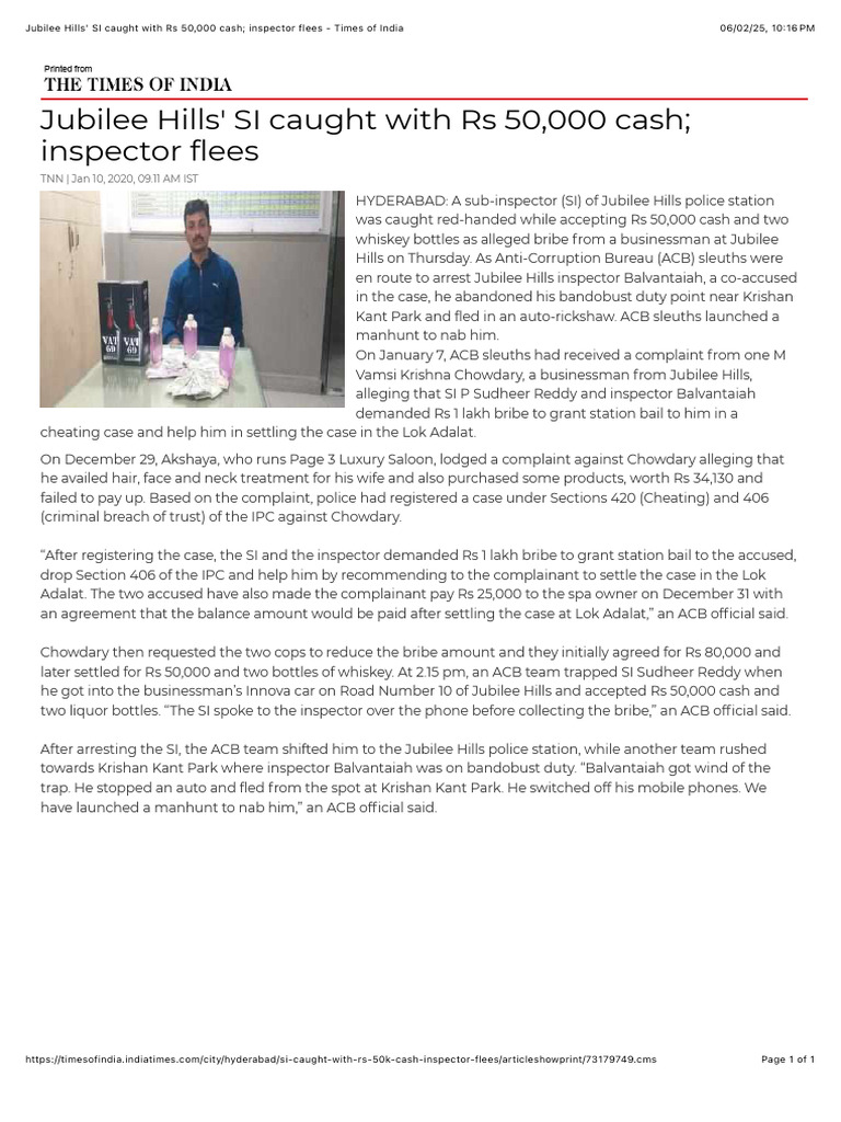 SI Sudheer Reddy Bribe Case | PDF | Crimes | Crime & Violence