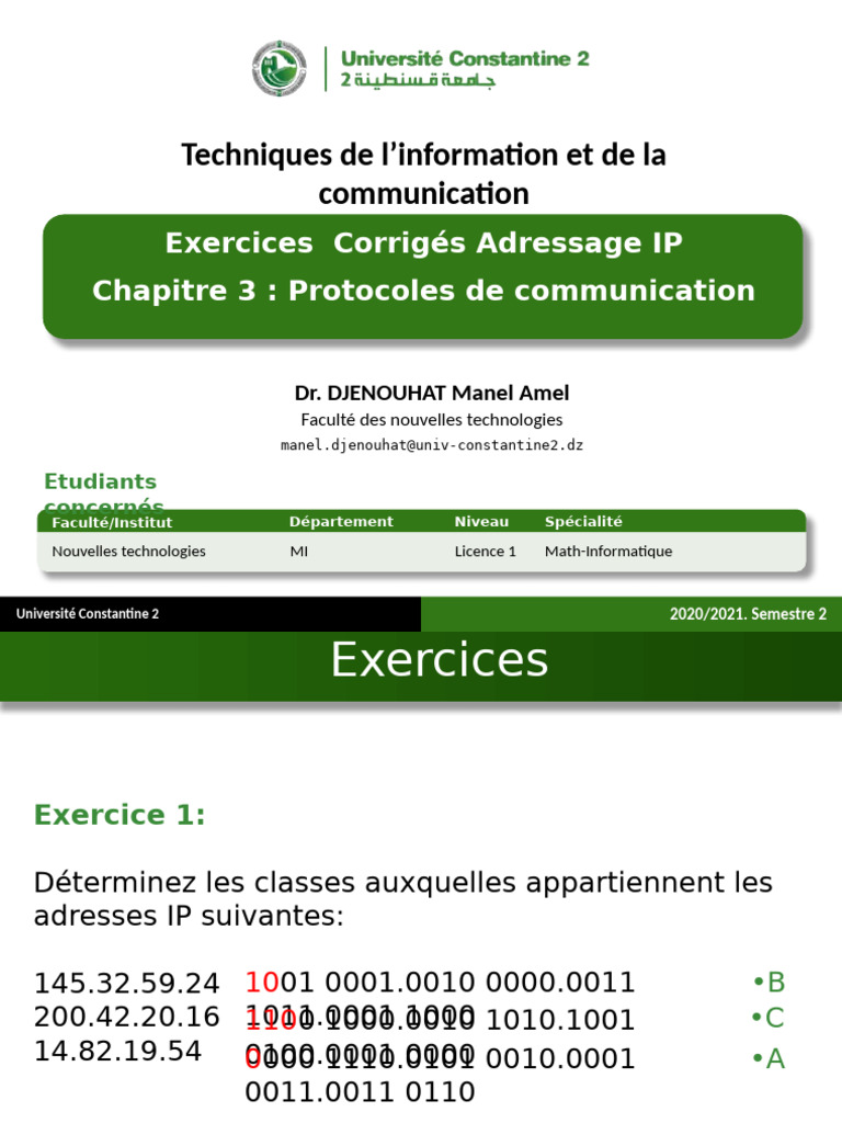 6-Diaporama Exercices Corrigés A | PDF | Protocoles Internet | Adresse IP