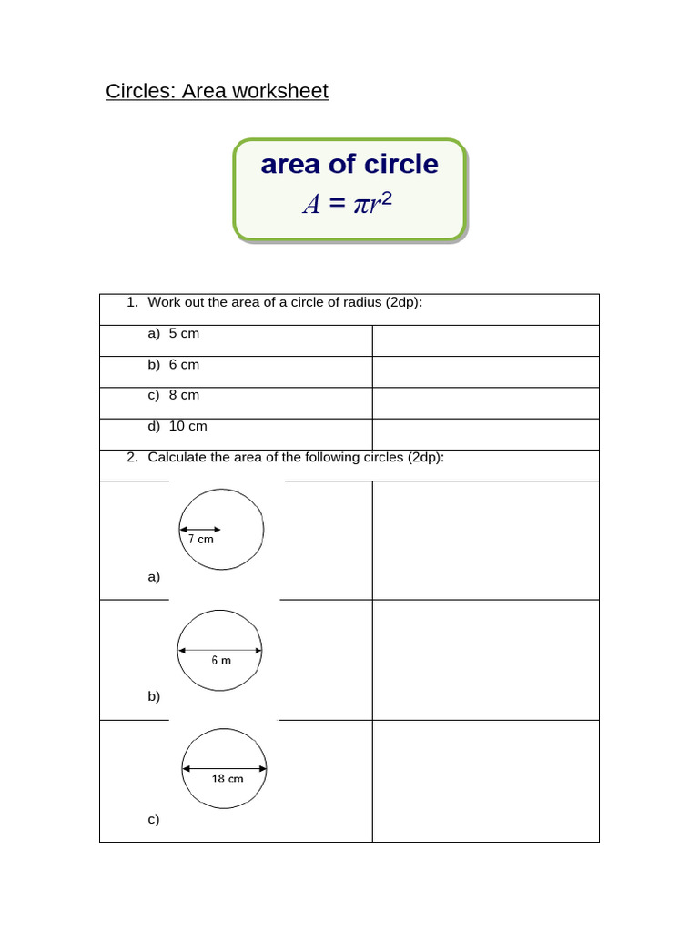 circles area worksheet | PDF