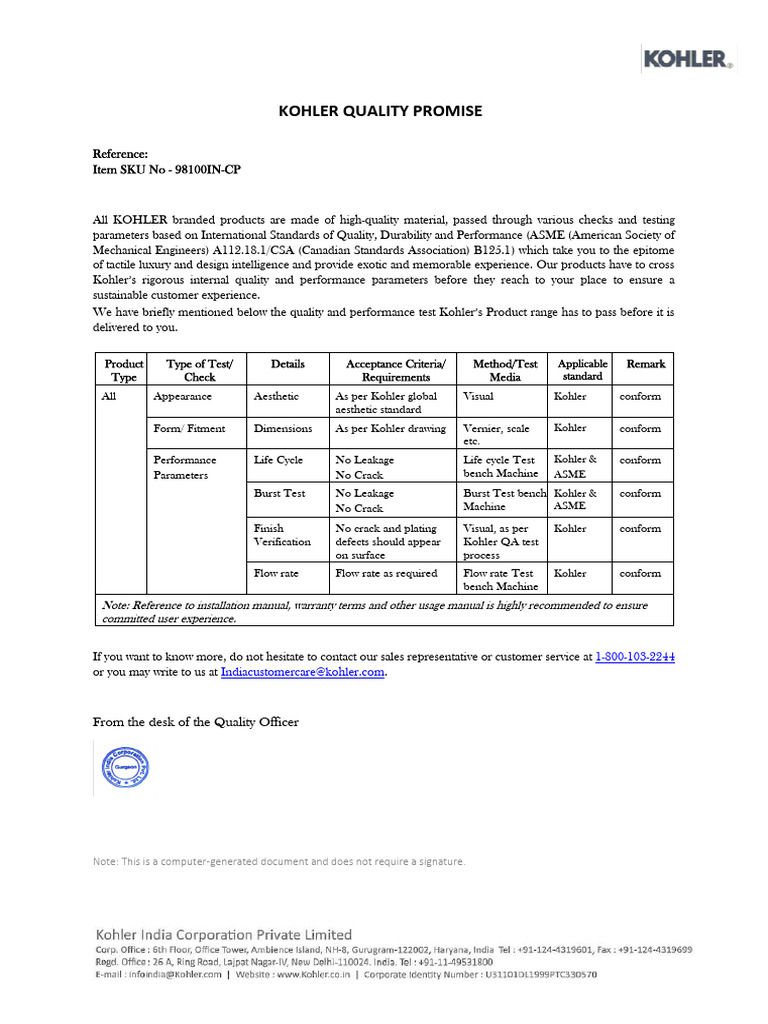 Test Certificate - Cuff Health Faucet - 98100IN-CP | PDF