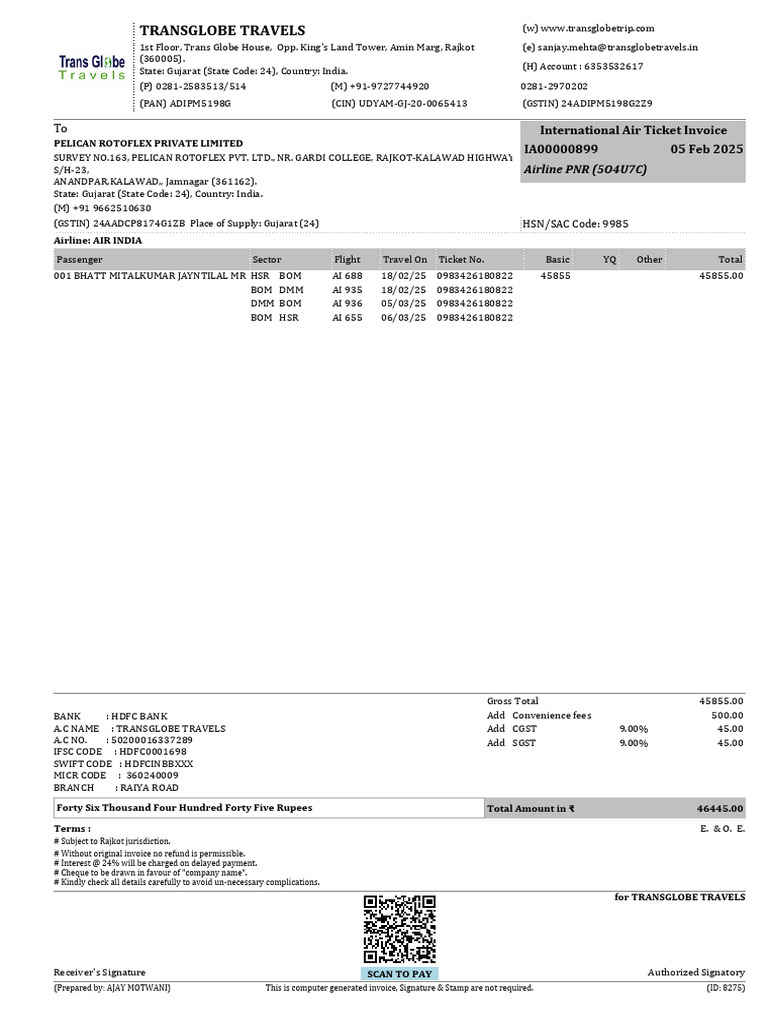 International Air Ticket Invoice (IA00000899) | PDF