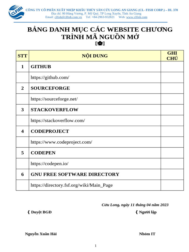 B NG Danh M C Các Website Chương Trình Mã Ngu N M | PDF