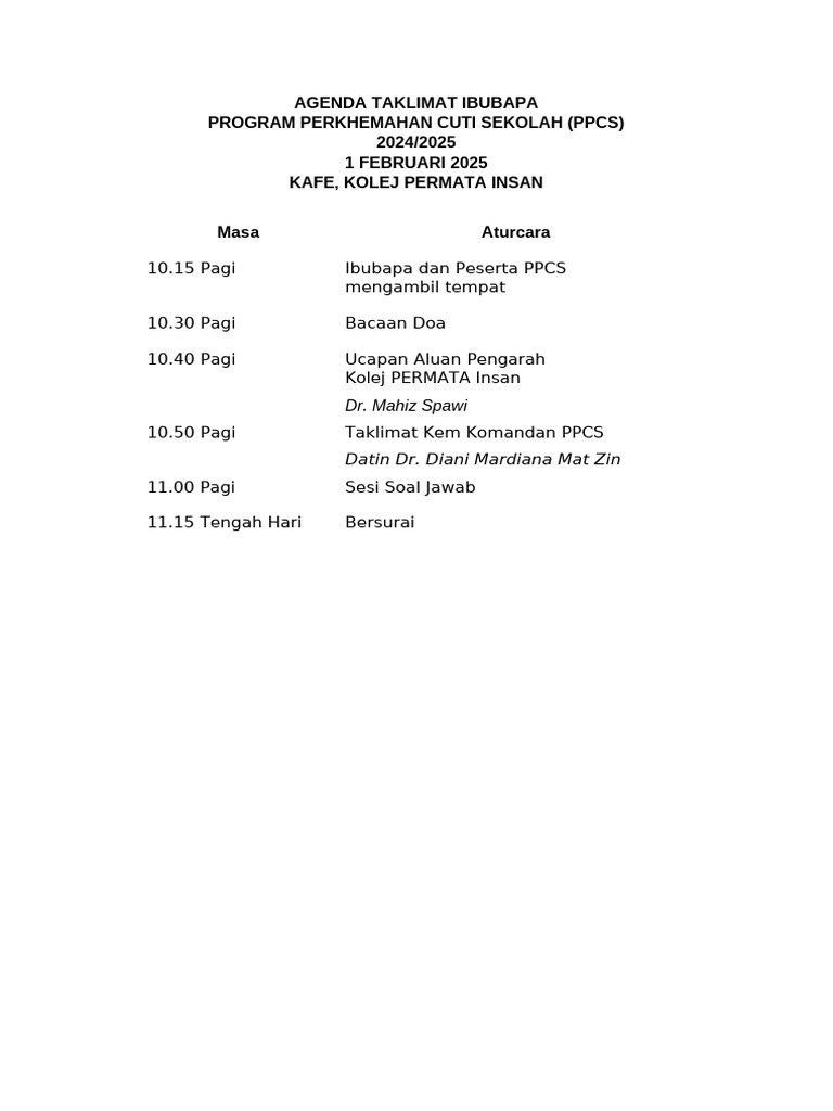 Agenda Taklimat Ibubapa - Ppcs 20242025 | PDF