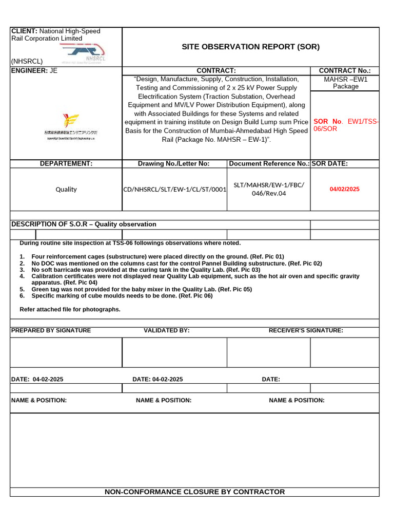 SOR - 2 Quality Observation | PDF | Power (Physics) | Electric Rail ...