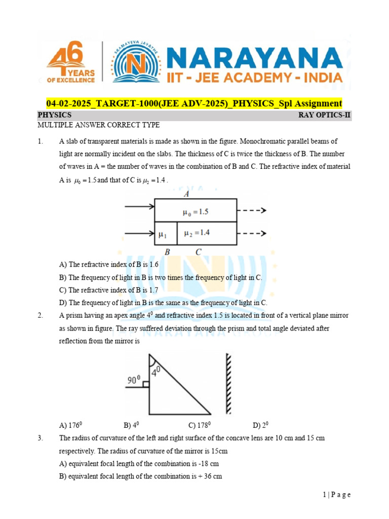 04-02-2025 Target-1000 (Jee Adv-2025) Physics SPL Assignment Ray Optics-II | PDF | Mirror ...