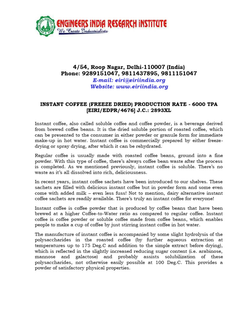 Project Report on INSTANT COFFEE (FREEZE DRIED) PRODUCTION RATE - 6000 ...
