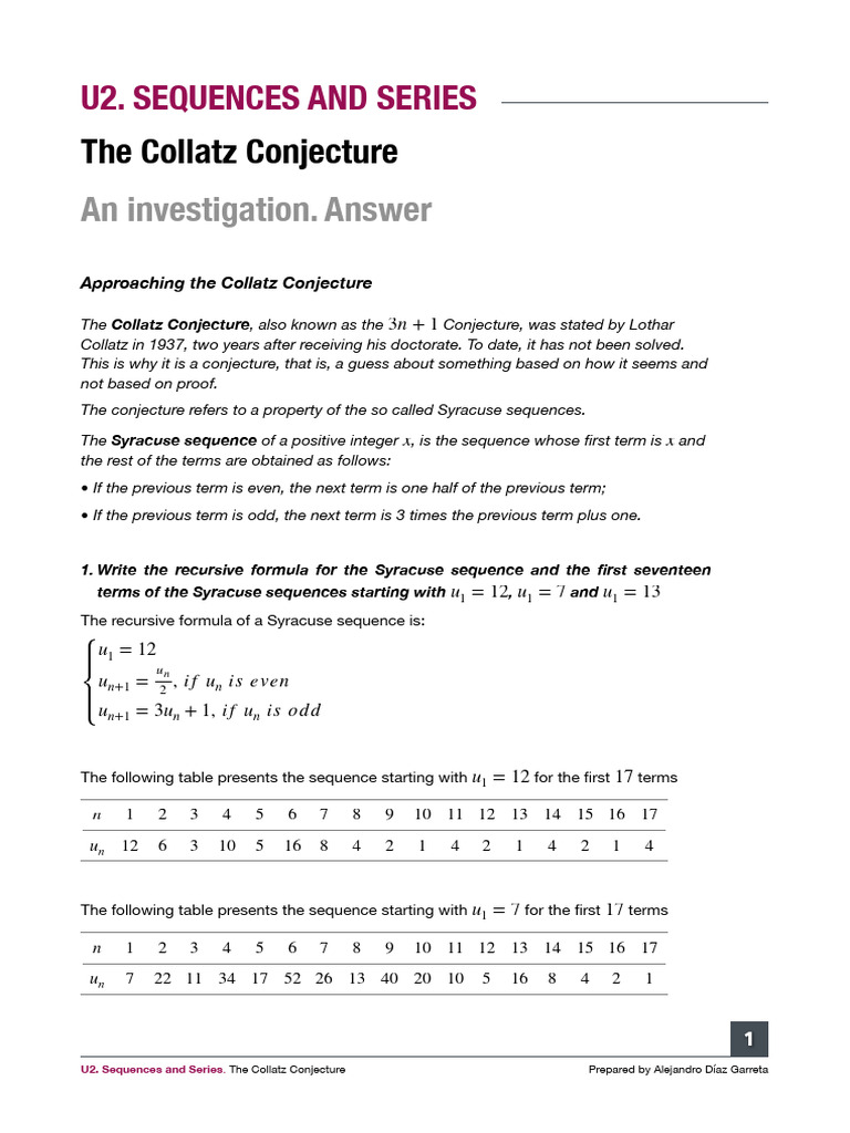 U2.A1 Sequences and Series ENG. Collatz Conjecture. Answers | PDF | Mathematical Objects | Numbers