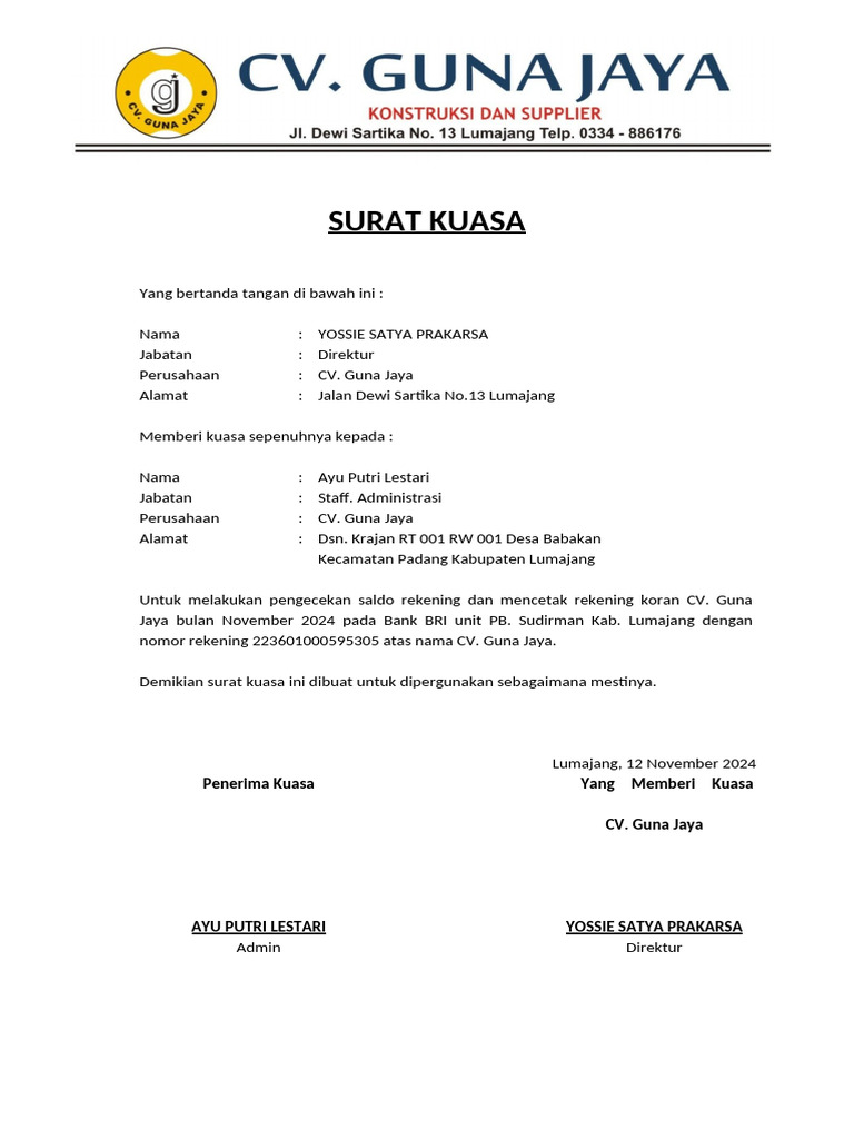 Surat Kuasa Pengambilan Cek dan Saldo | PDF