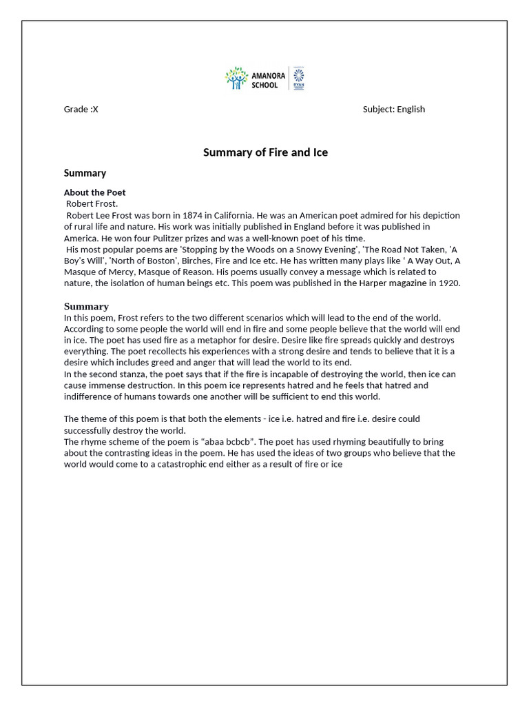 Summary of Frost's "Fire and Ice" | PDF