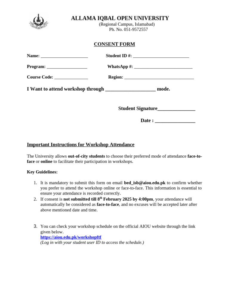 AIOU Workshop Attendance Consent Form | PDF