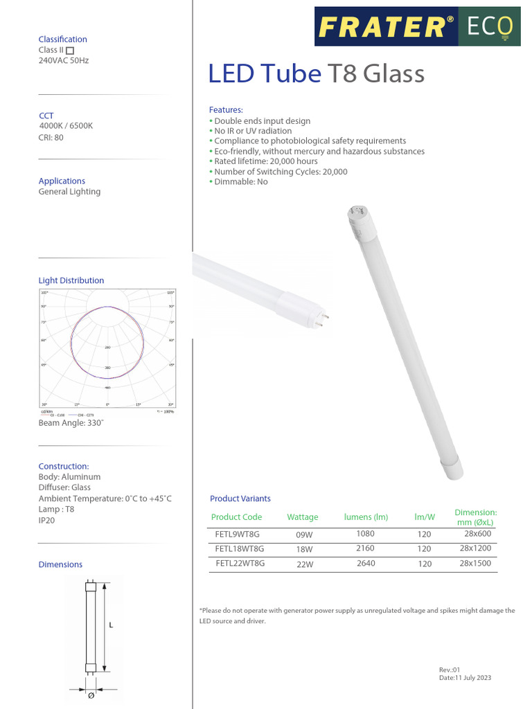 LED T8 Glass Tube Specifications | PDF