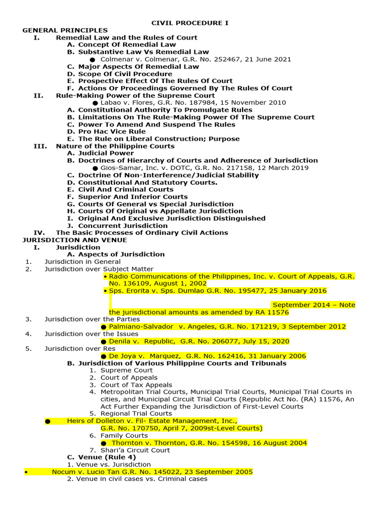 Civil Procedure I Course Outline Riano 1 | PDF | Jurisdiction | Deposition (Law)