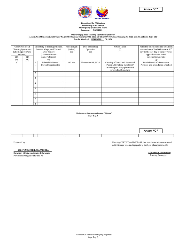 Annex C - Road Clearing Report Padolina November 2024 | PDF | Philippines