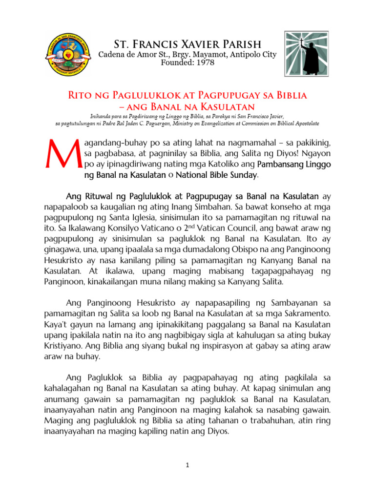 Rito NG Pagluluklok at Pagpupugay Sa Bibliya SFX | PDF
