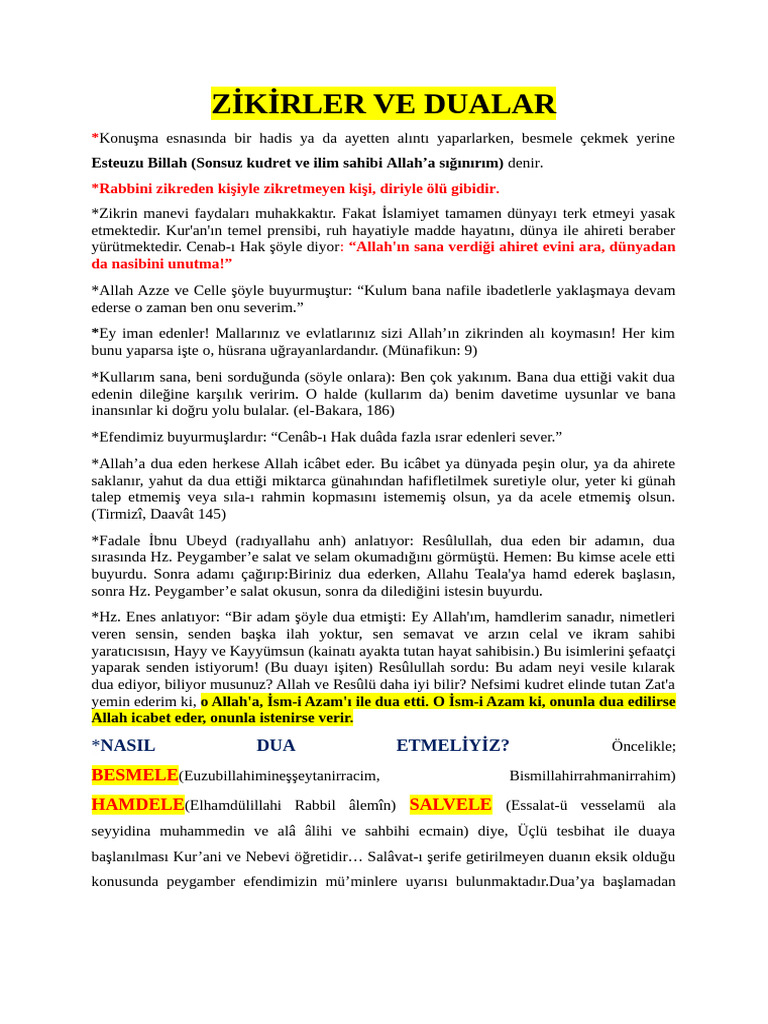 1zi̇ki̇rler Ve Dualar | PDF