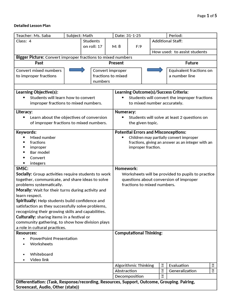 Converting Improper Fractions Lesson Plan | PDF | Cognitive Science ...