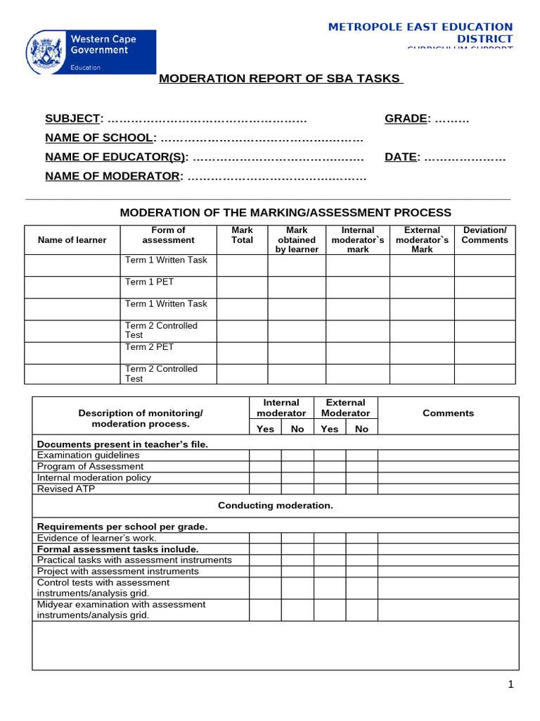 SBA Moderation Tool Grade 9 2022 (Term 1 and 2) | PDF | Cognition ...
