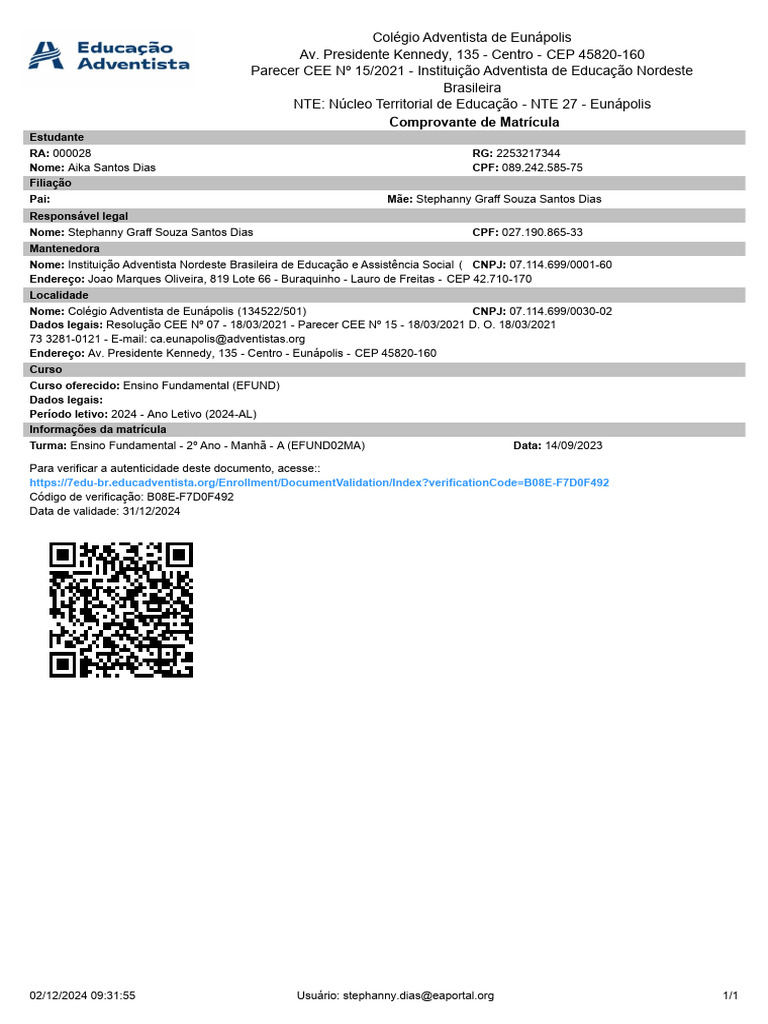 Comprovante de Matrícula - RA - 000028 | PDF