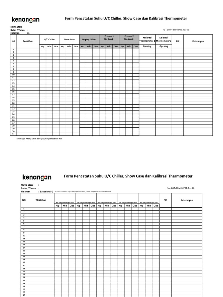 [KB] Form Pencatatan Suhu UC Chiller, Show Case dan Kalibrasi | PDF