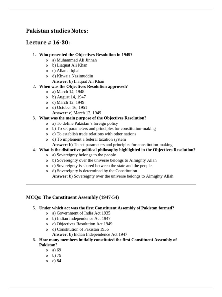Pakistan Studies Notes Lecture 16-30 | PDF | Political Charters ...